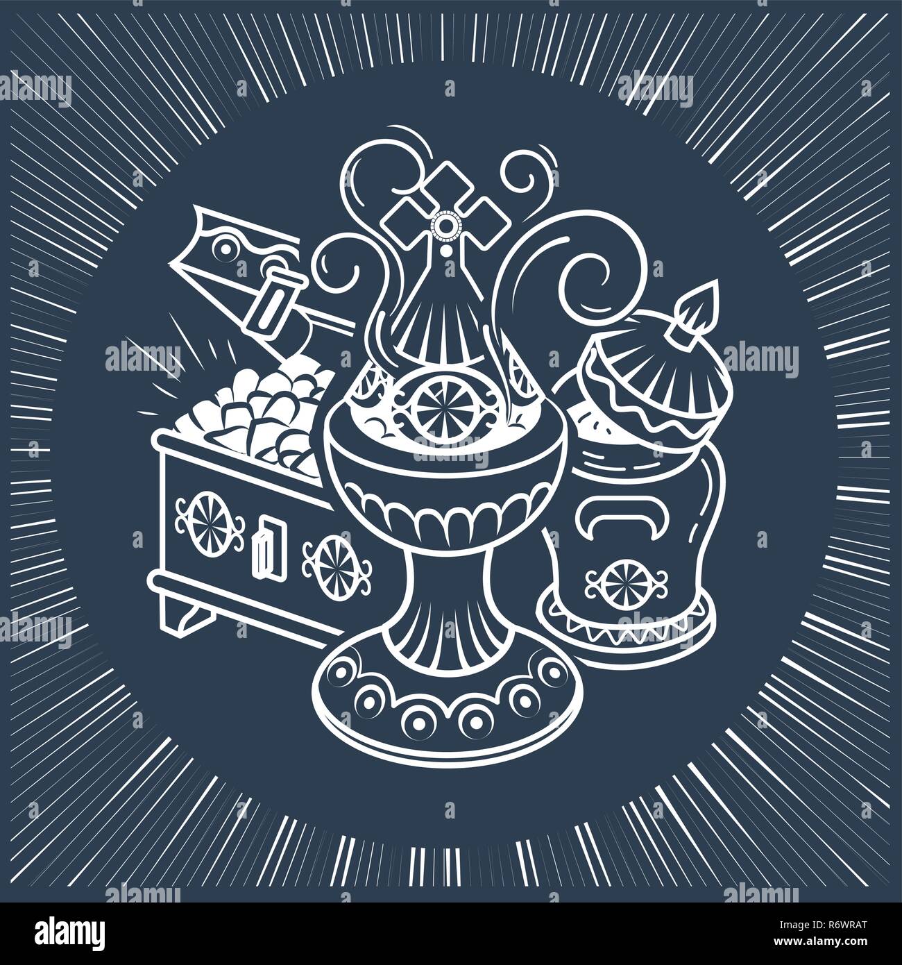 black and white illustrations with traditional Magi offerings to ...