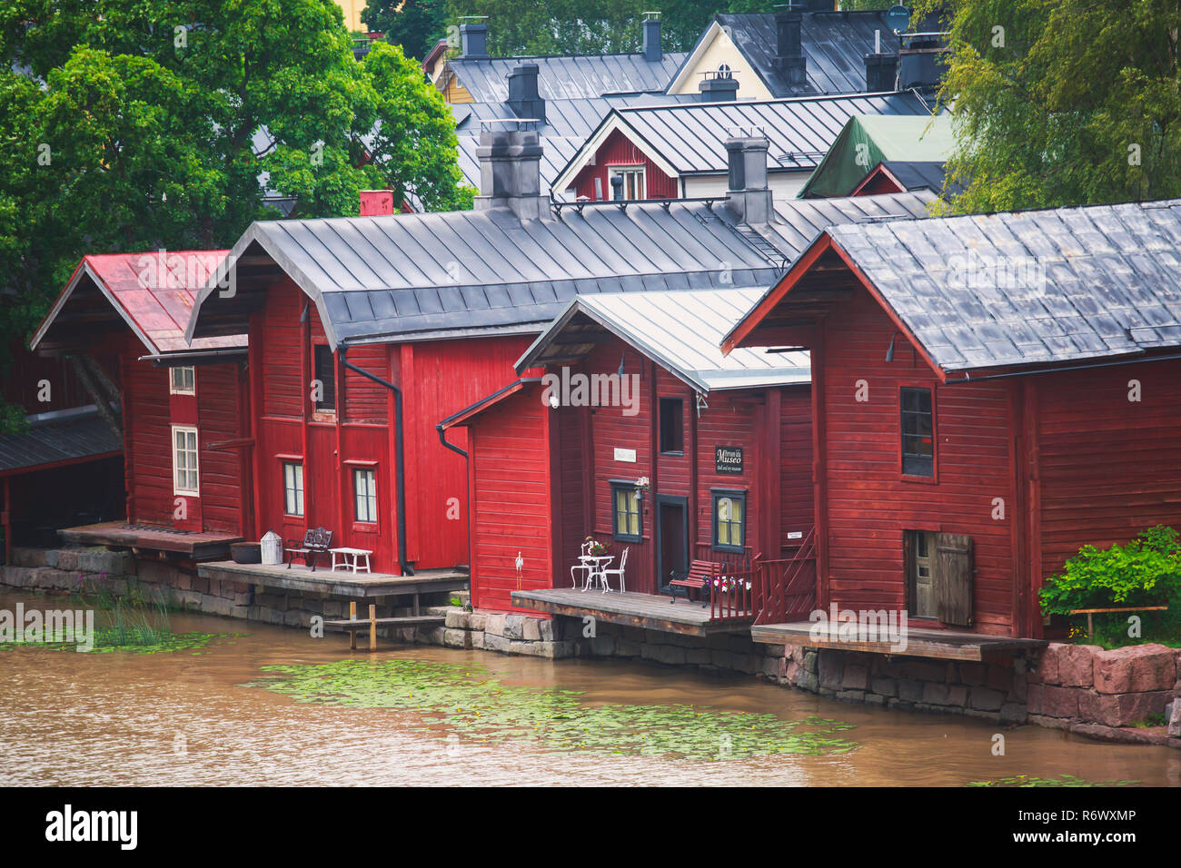 View of Porvoo old town with red wooden sheds, Borga, a city and a ...