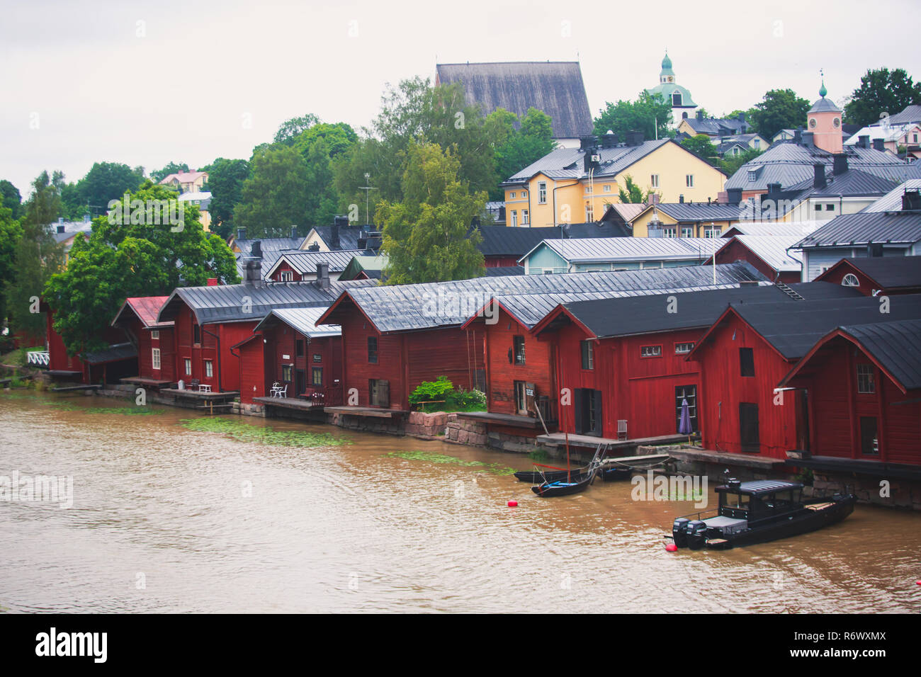 View of Porvoo old town with red wooden sheds, Borga, a city and a ...