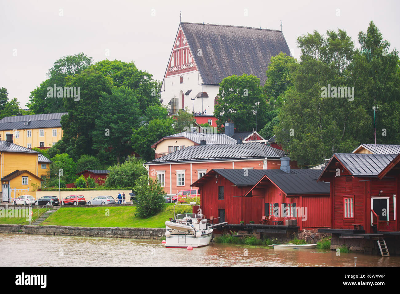 View of Porvoo old town with red wooden sheds, Borga, a city and a ...
