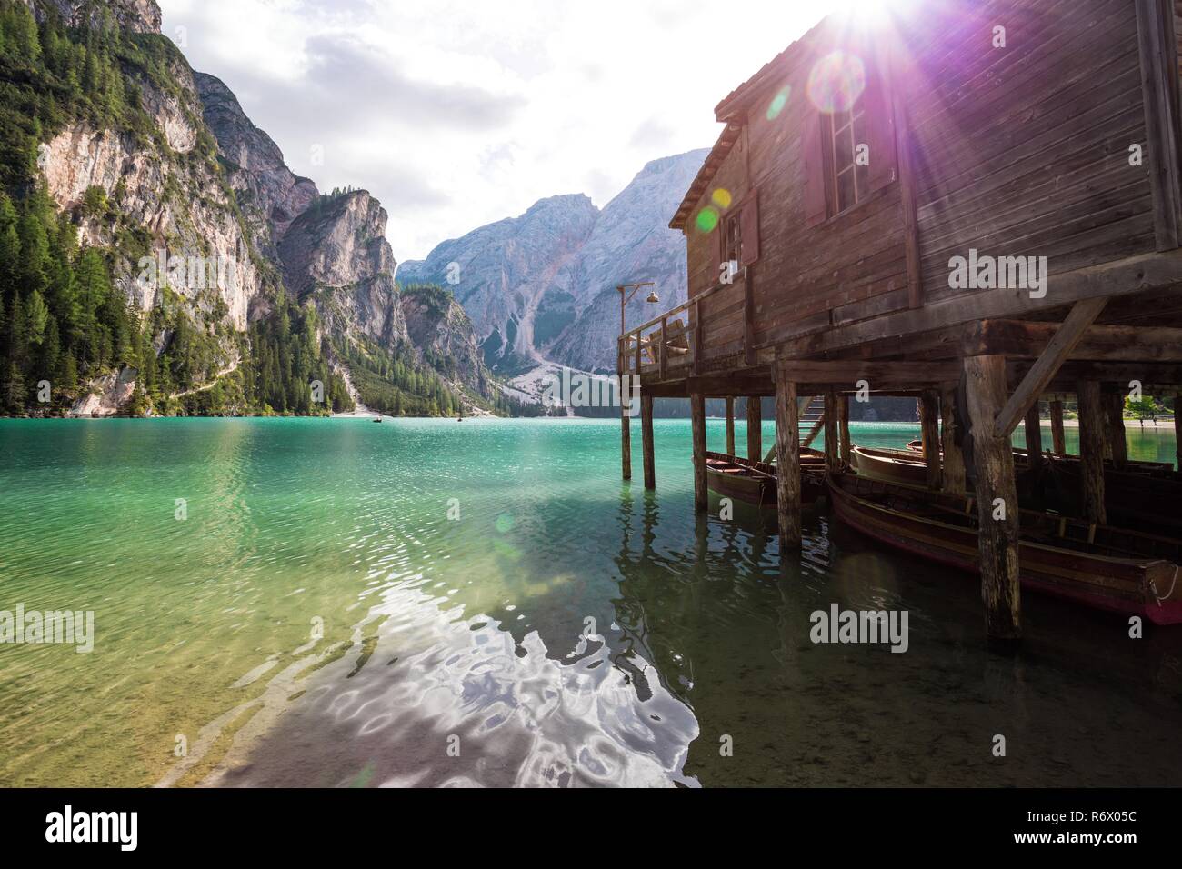 view of well-known tyrolean lake lago di Braies Dolomites Italy Stock ...