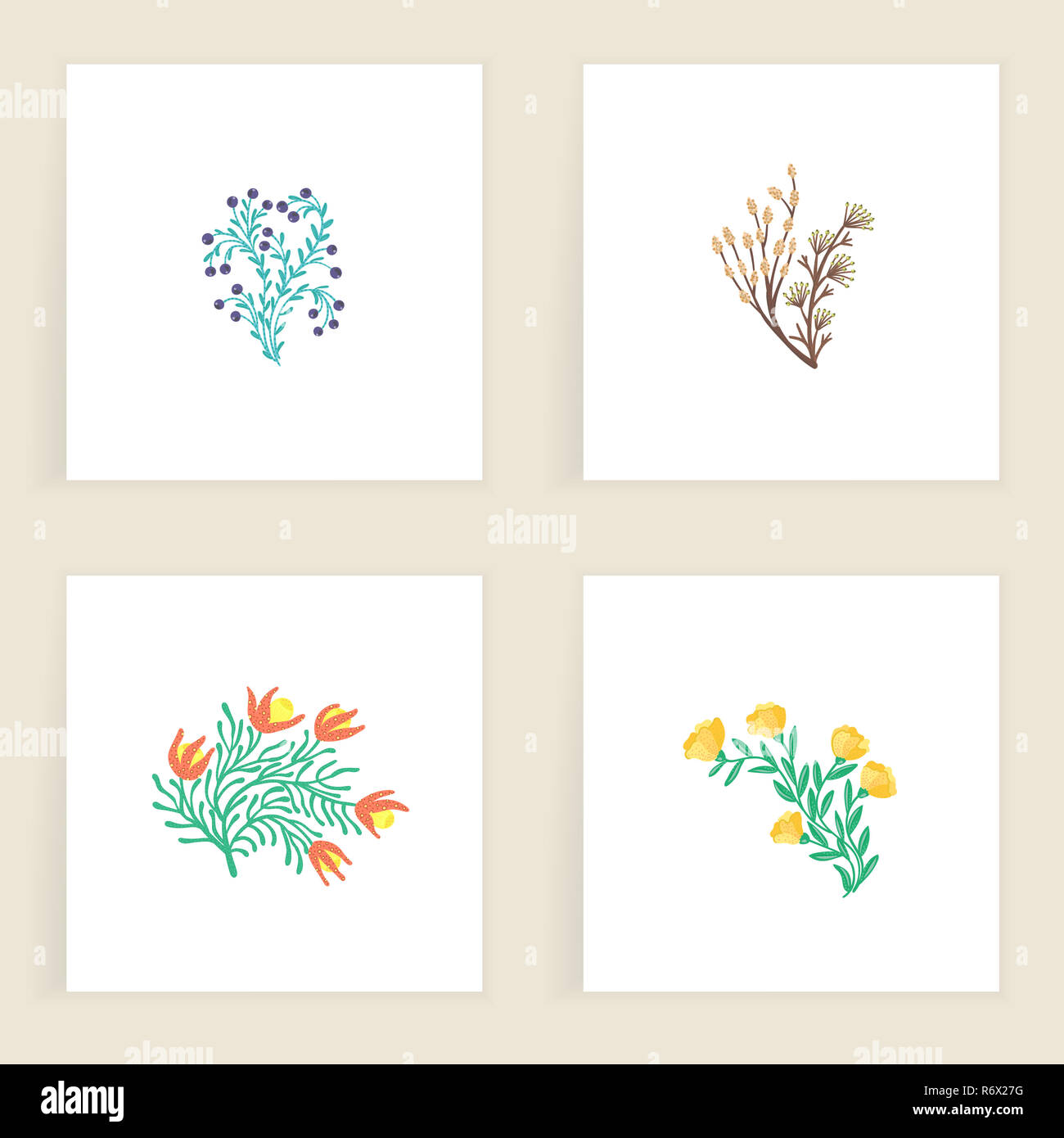 Set of square cards. Hand drawn creative abstract flowers. Floral ...