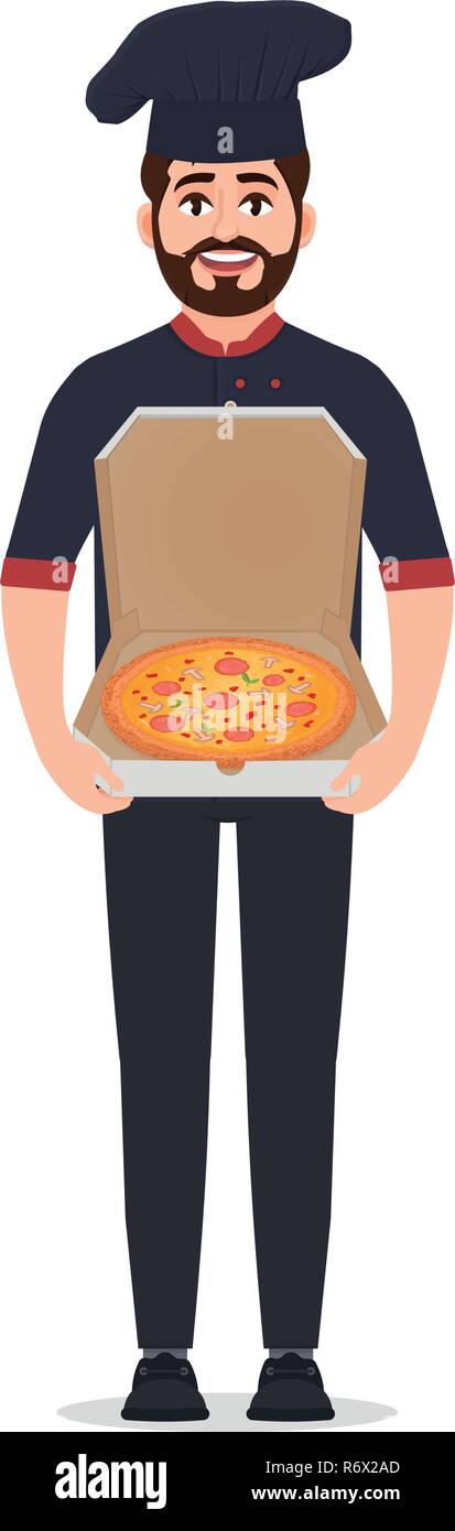 Pizza maker holds pizza vector illustration isolated on white ...