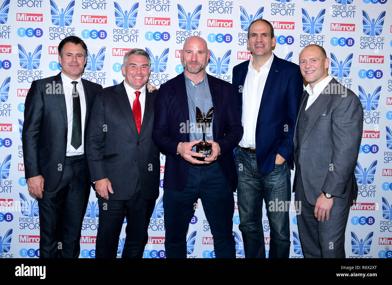 Kenny Logan (left), Jason Leonard (second left), Martin Johnson (second ...