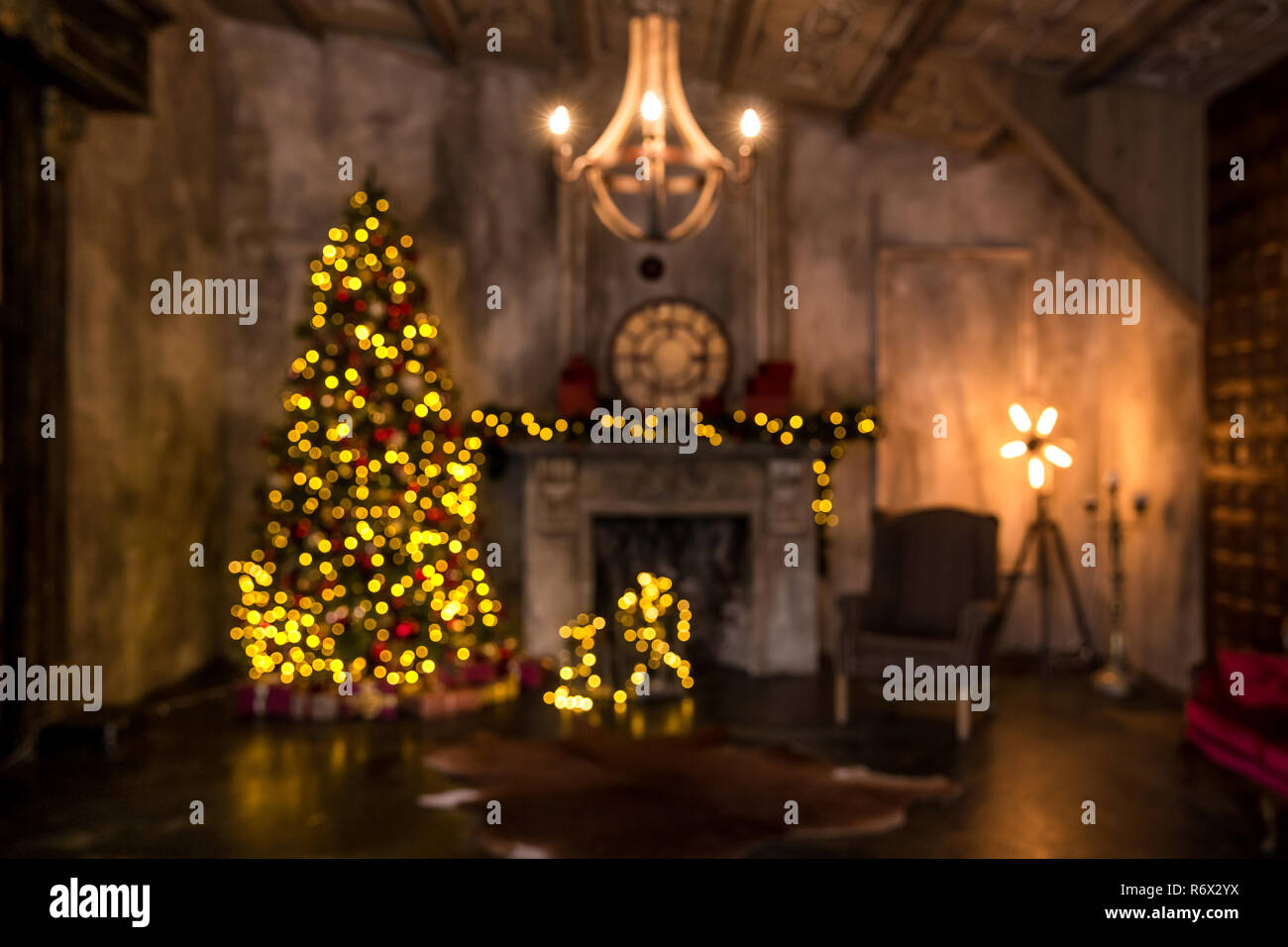 Dark room with christmas interior Stock Photo - Alamy