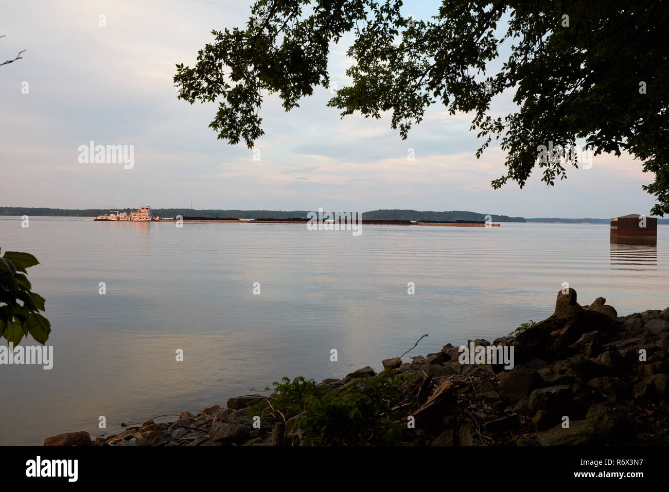 Tugboat pushing coal barges down the Cumberland River at Lake Barkley ...