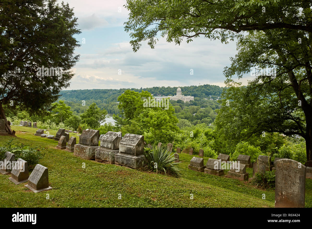 Headstones in Frankfort Cemetery with the Kentucky State Capitol ...