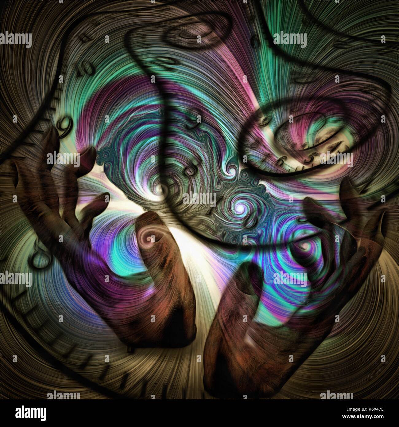 Surreal painting. Human's hands and spirals of time. Colorful swirls ...