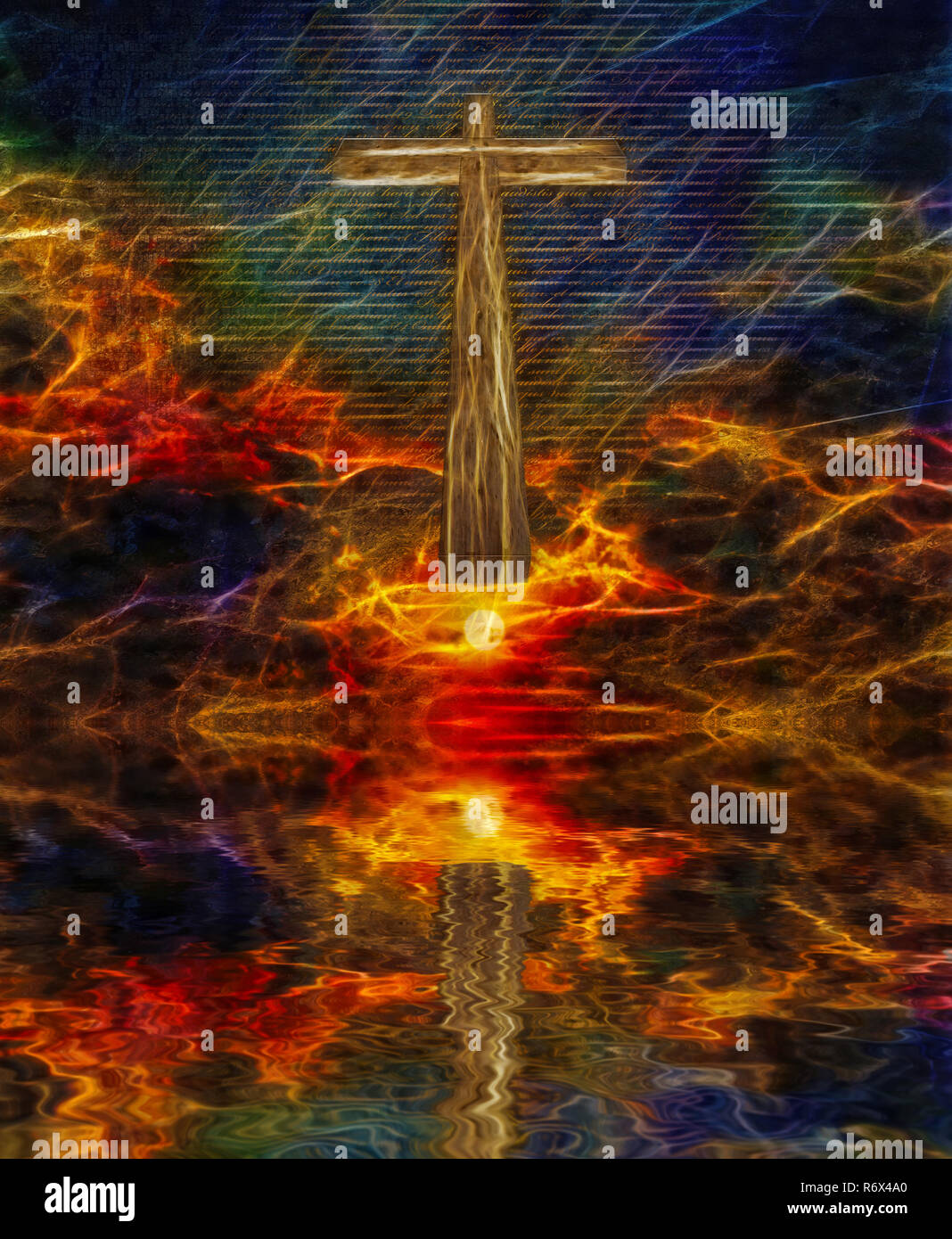Surreal digital art. Christian cross above water surface. Vivid subset ...