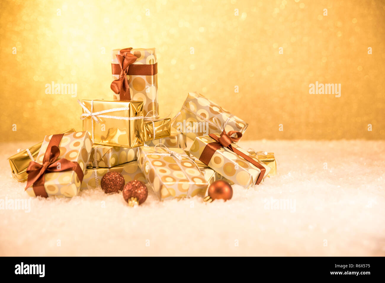 mountain of gifts with Christmas decorations Stock Photo - Alamy