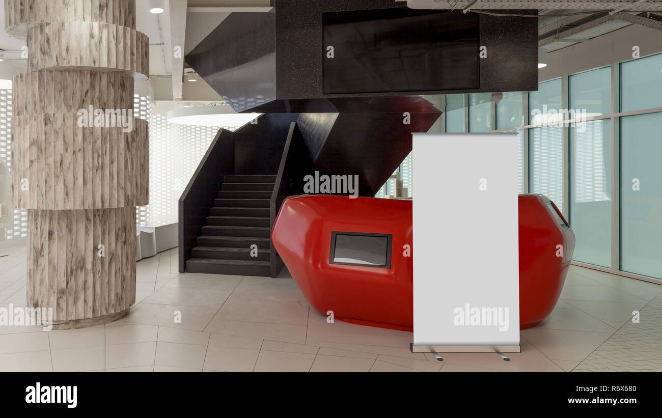 Blank roll up banner stand in office interior with reception desk and ...