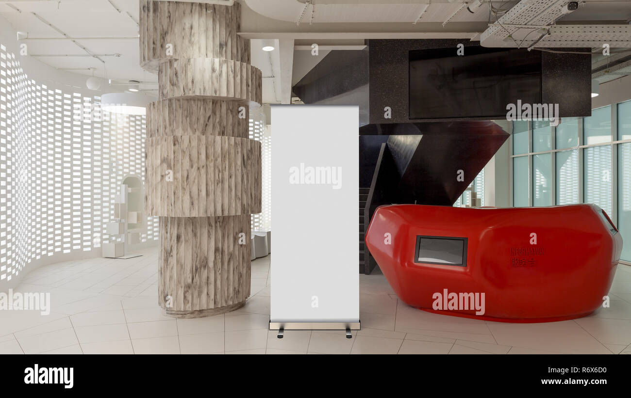 Blank roll up banner stand in office interior with reception desk and ...