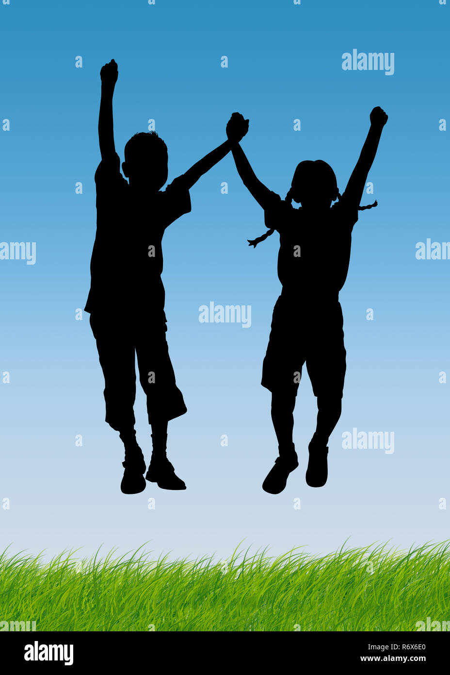 Happy kids on blue background, illustration Stock Photo - Alamy