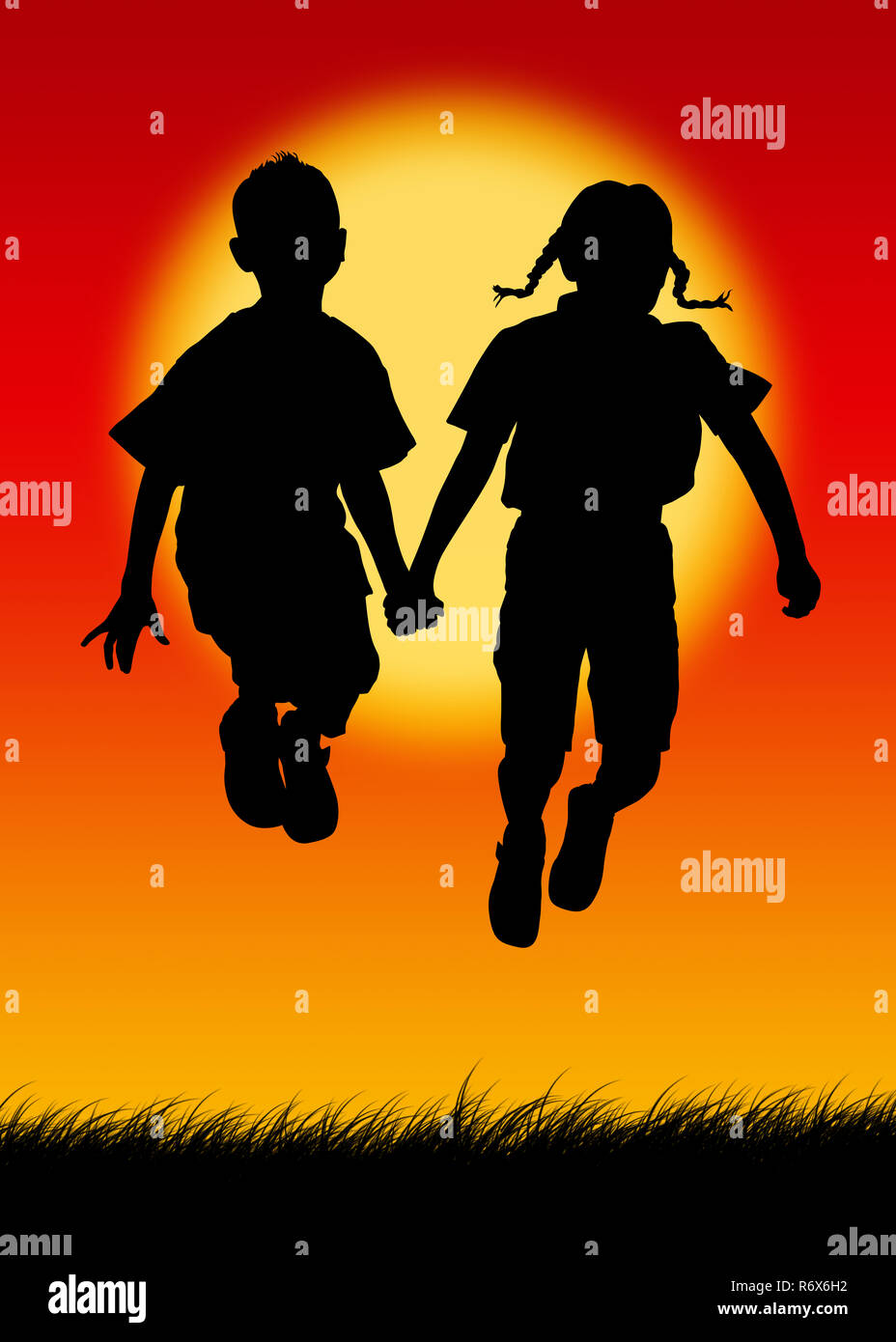 Happy kids on red background, illustration Stock Photo - Alamy