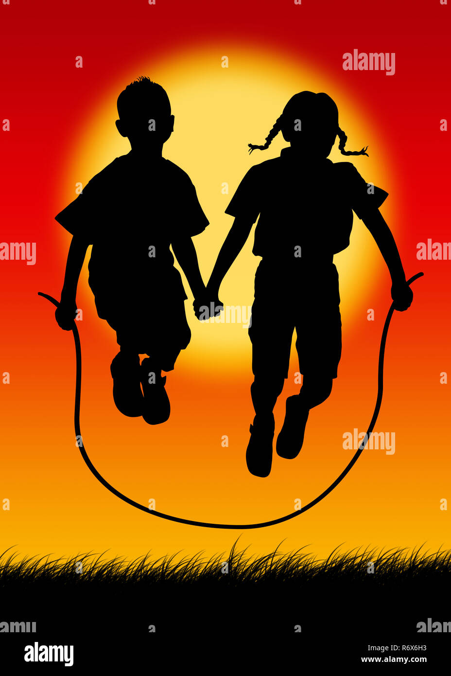 Kids jumping rope on red background, illustration Stock Photo - Alamy