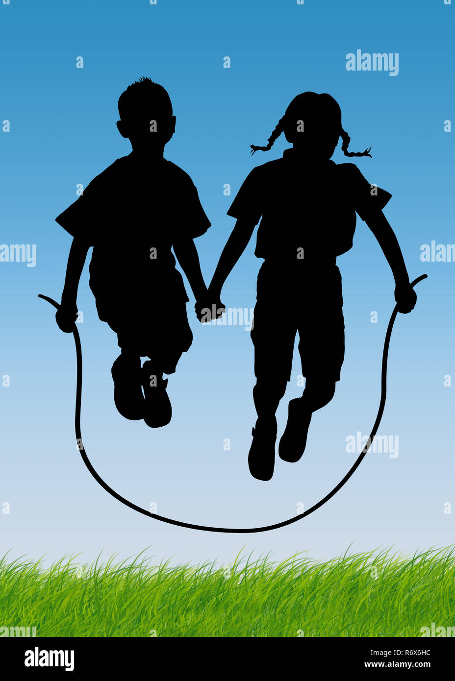 Kids jumping rope on blue background, illustration Stock Photo - Alamy