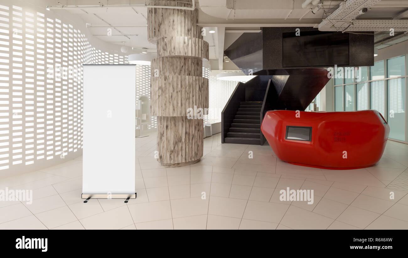 Blank roll up banner stand in office interior with reception desk and ...