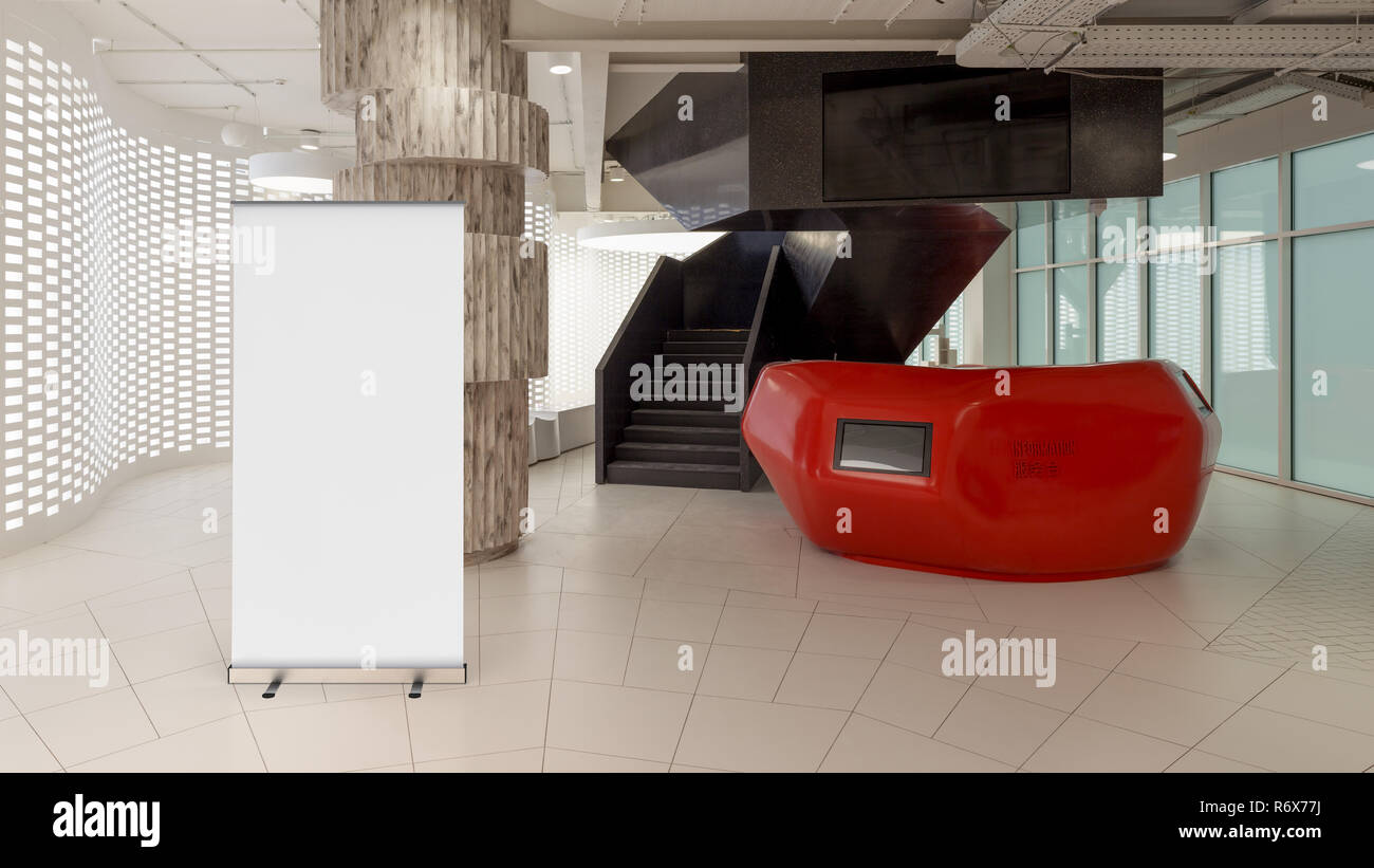 Blank roll up banner stand in office interior with reception desk and ...