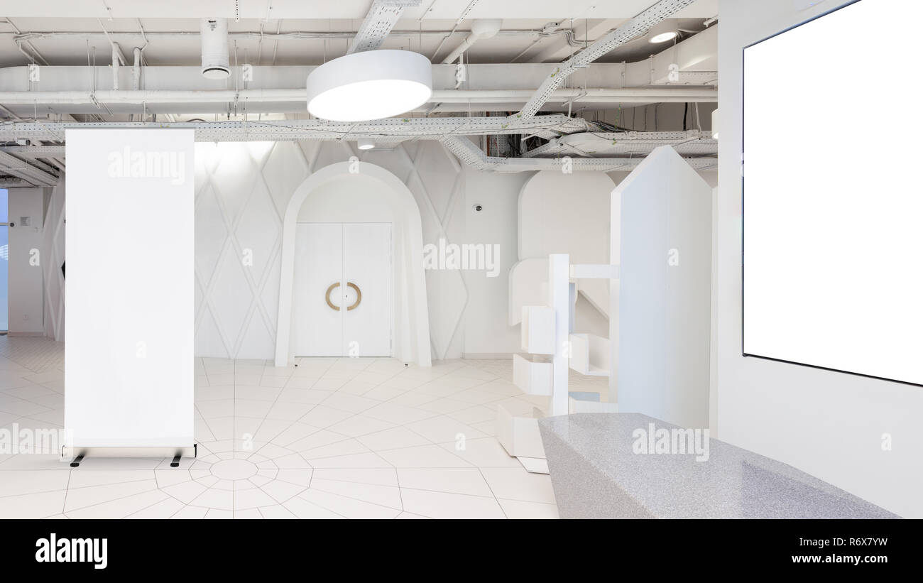 Blank roll up banner stand in contemporary office lobby interior with ...