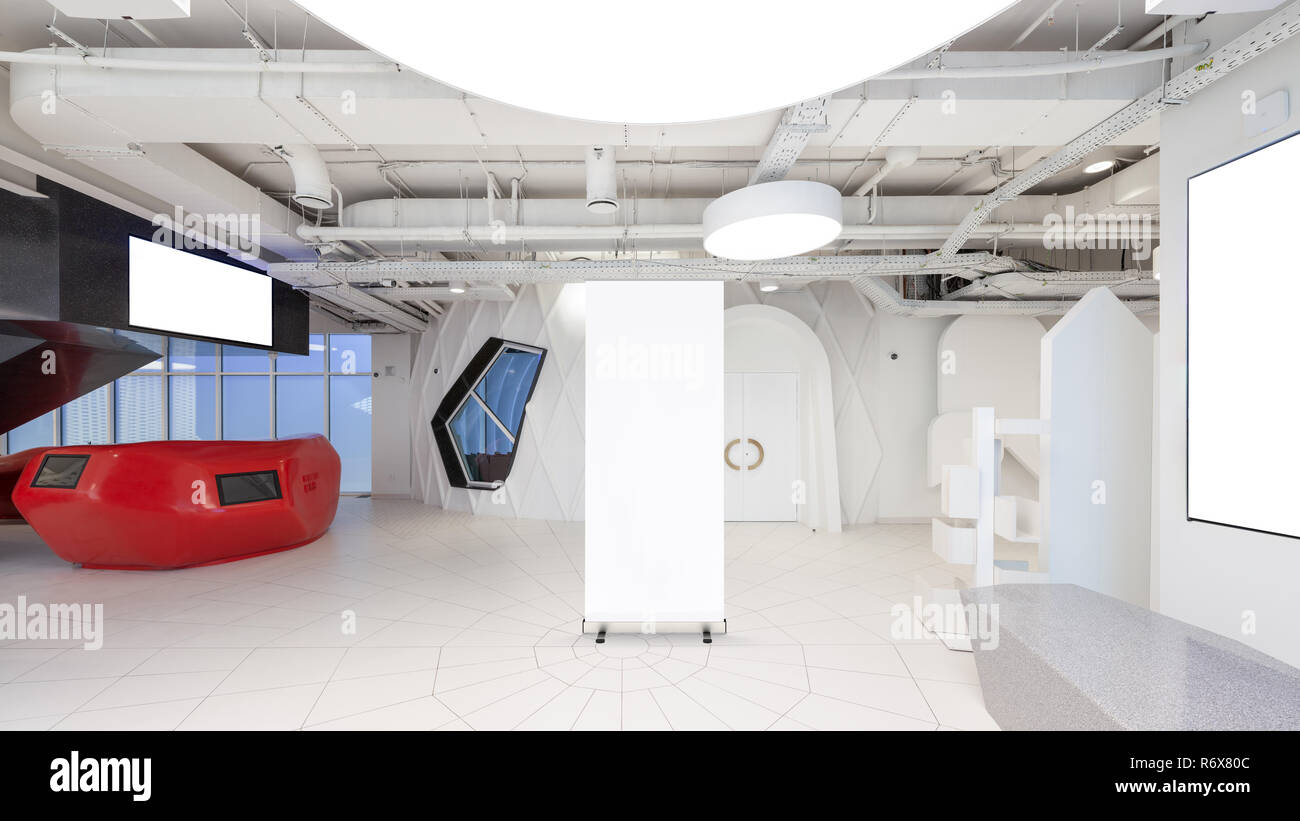 Blank roll up banner stand in contemporary office lobby interior with ...