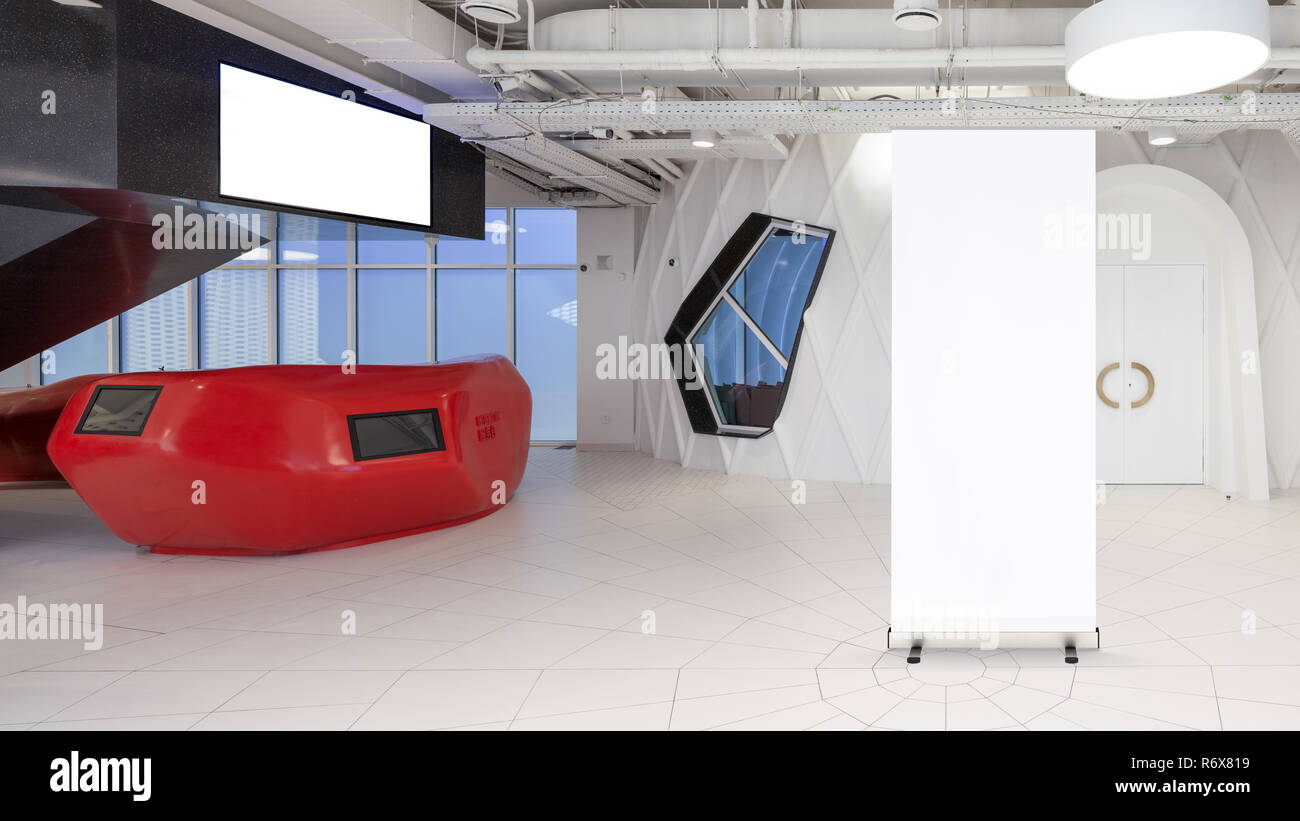 Blank roll up banner stand in contemporary office lobby interior with ...