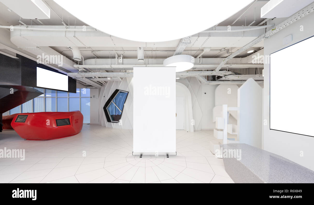 Blank roll up banner stand in office lobby interior with clipping path ...