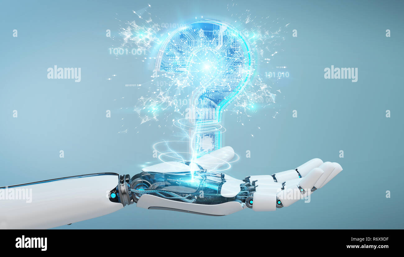 Cyborg on blurred background solving problem with digital question marks 3D rendering Stock ...