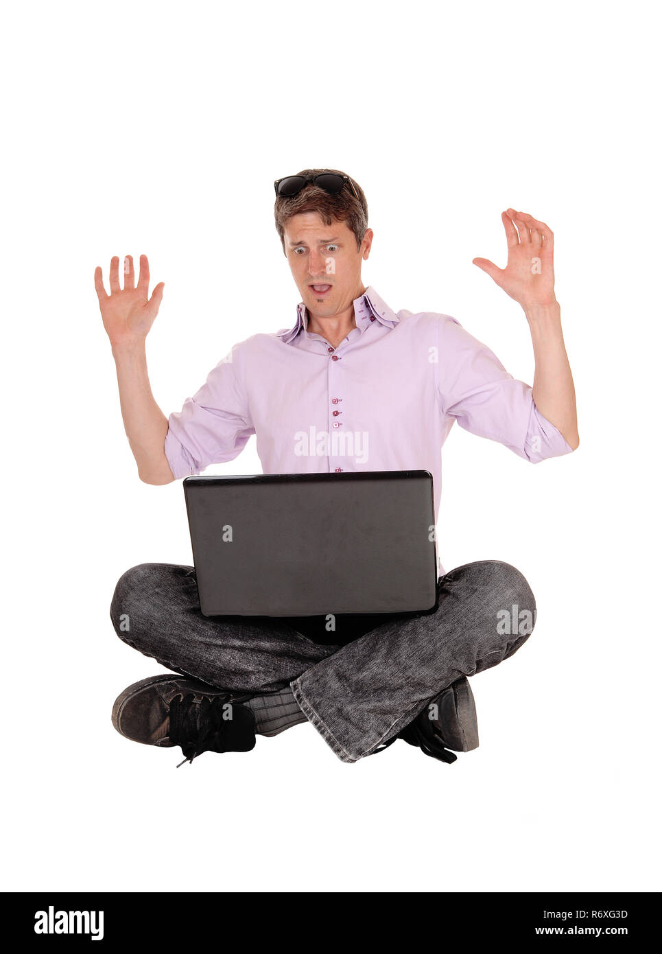 Tired man sitting laptop on Cut Out Stock Images & Pictures - Alamy