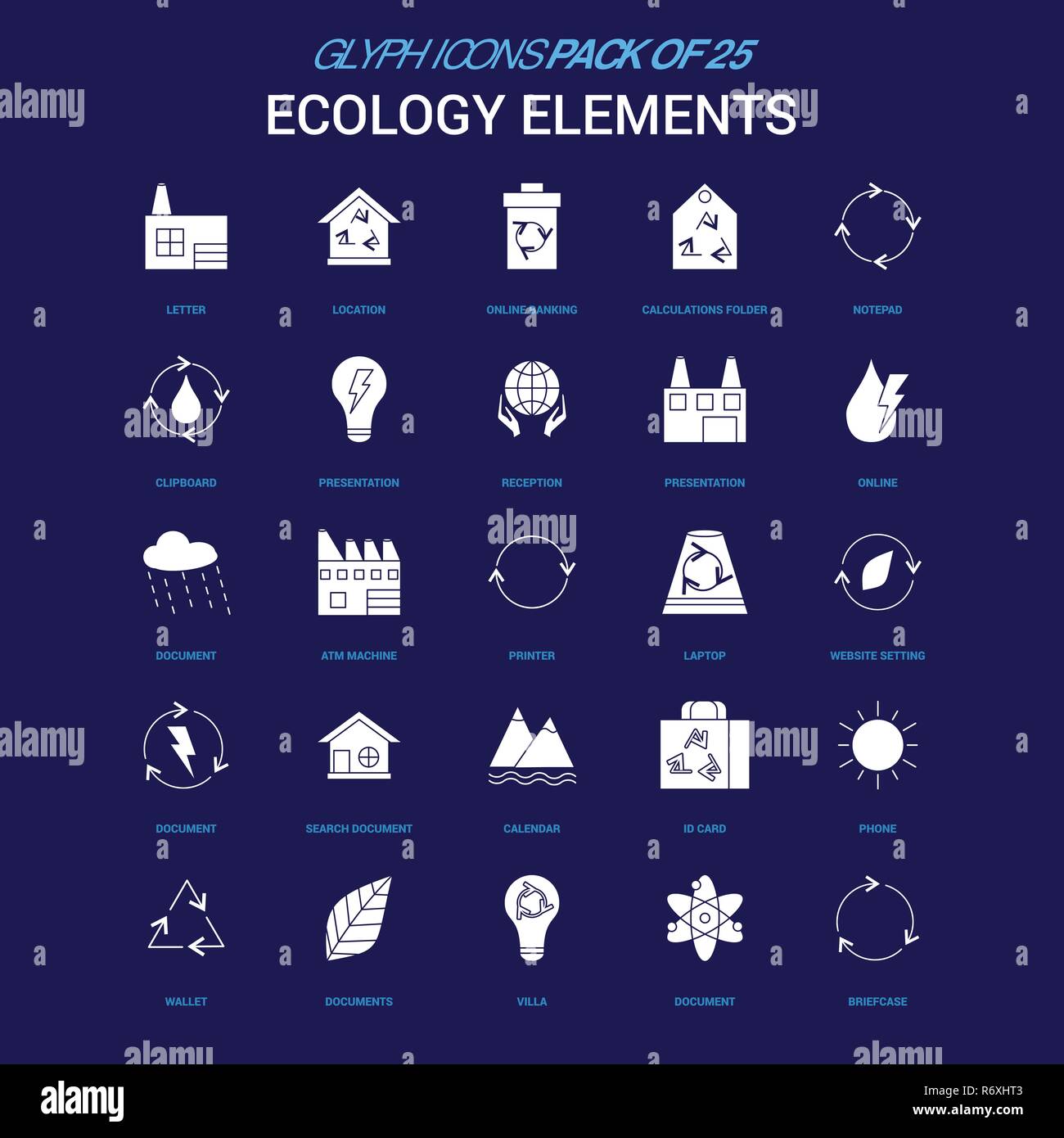 Ecology Elements White icon over Blue background. 25 Icon Pack Stock ...