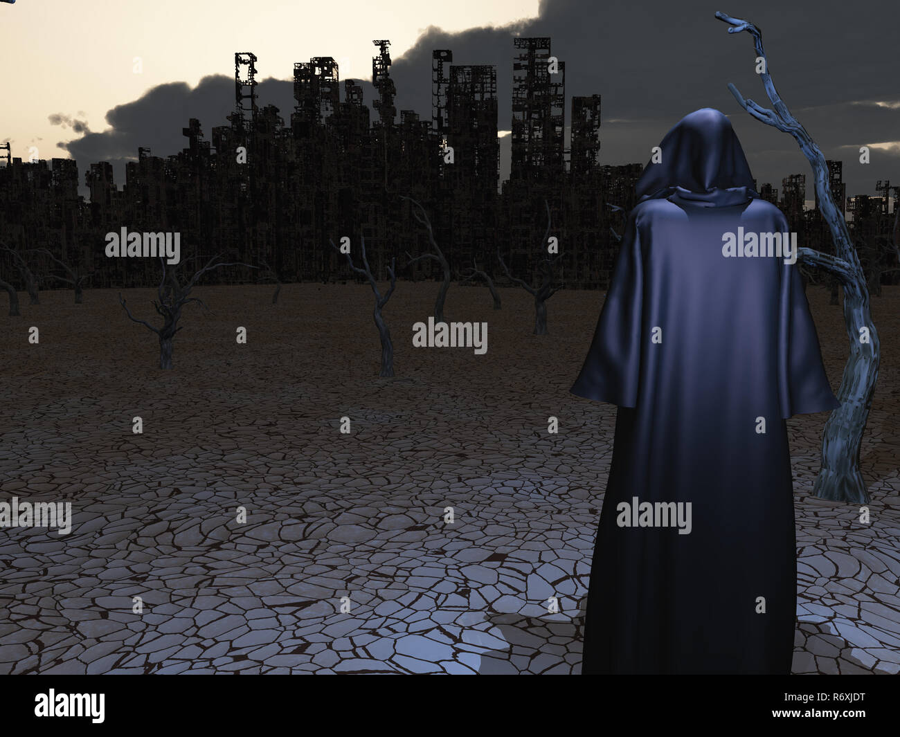 Traveler. Robed Figure Before Destroyed City Stock Photo - Alamy
