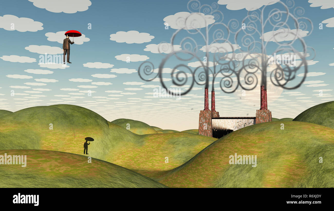 Fantastic landscape with man floating in sky under umbrella Stock Photo ...