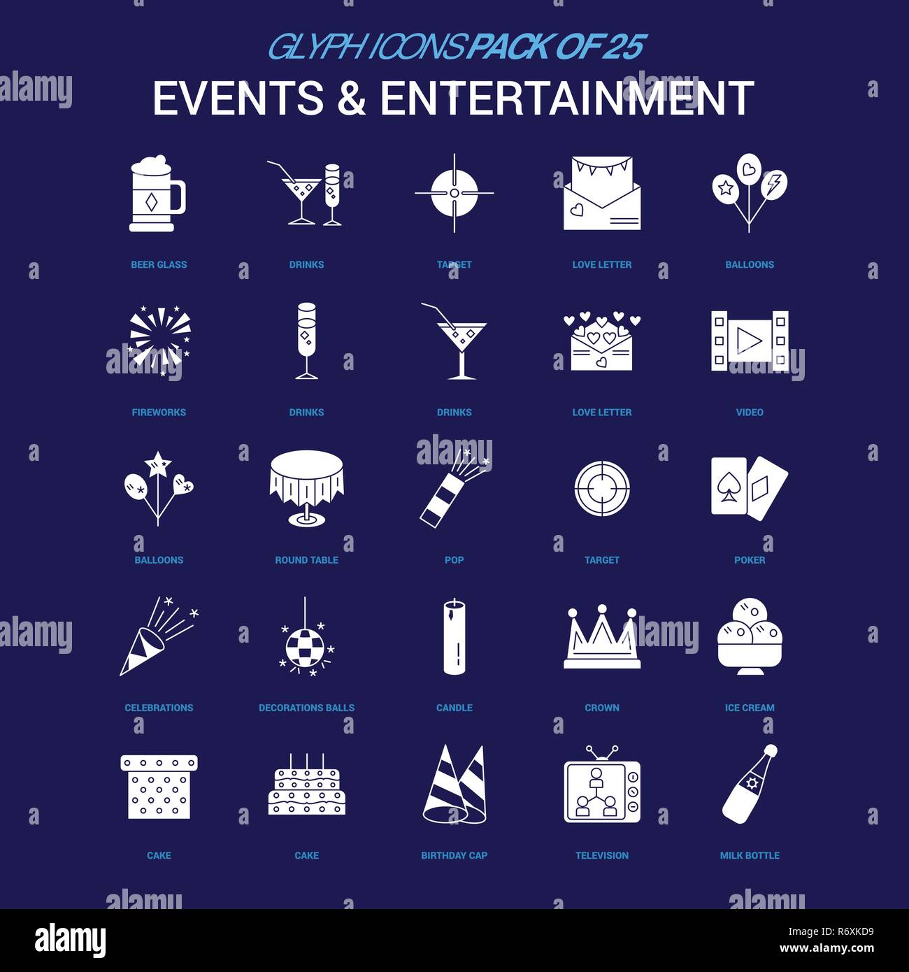 Events and Entertainment White icon over Blue background. 25 Icon Pack ...