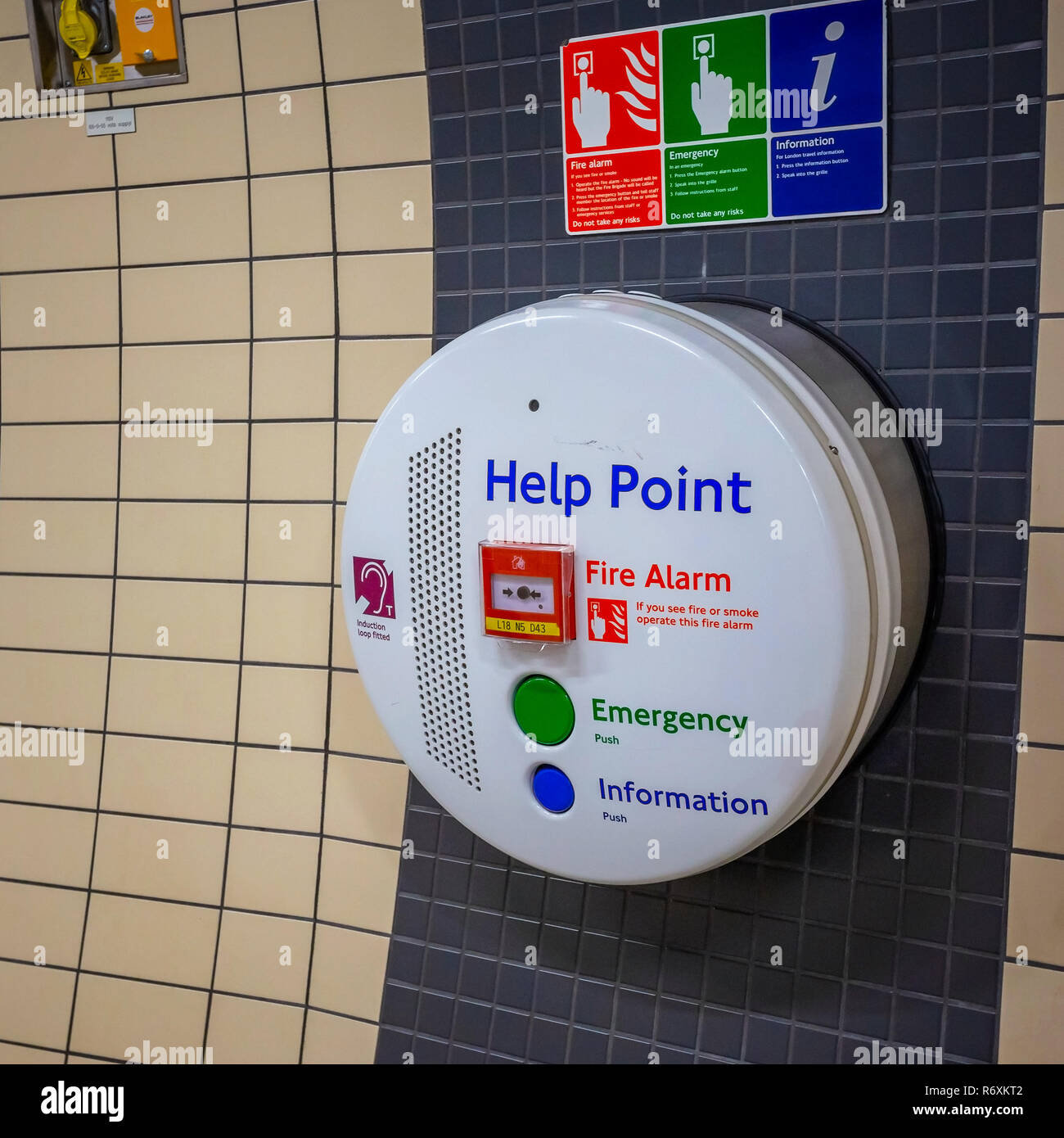London, UK - May 13 2018: Help point panel for commuters use inside a ...