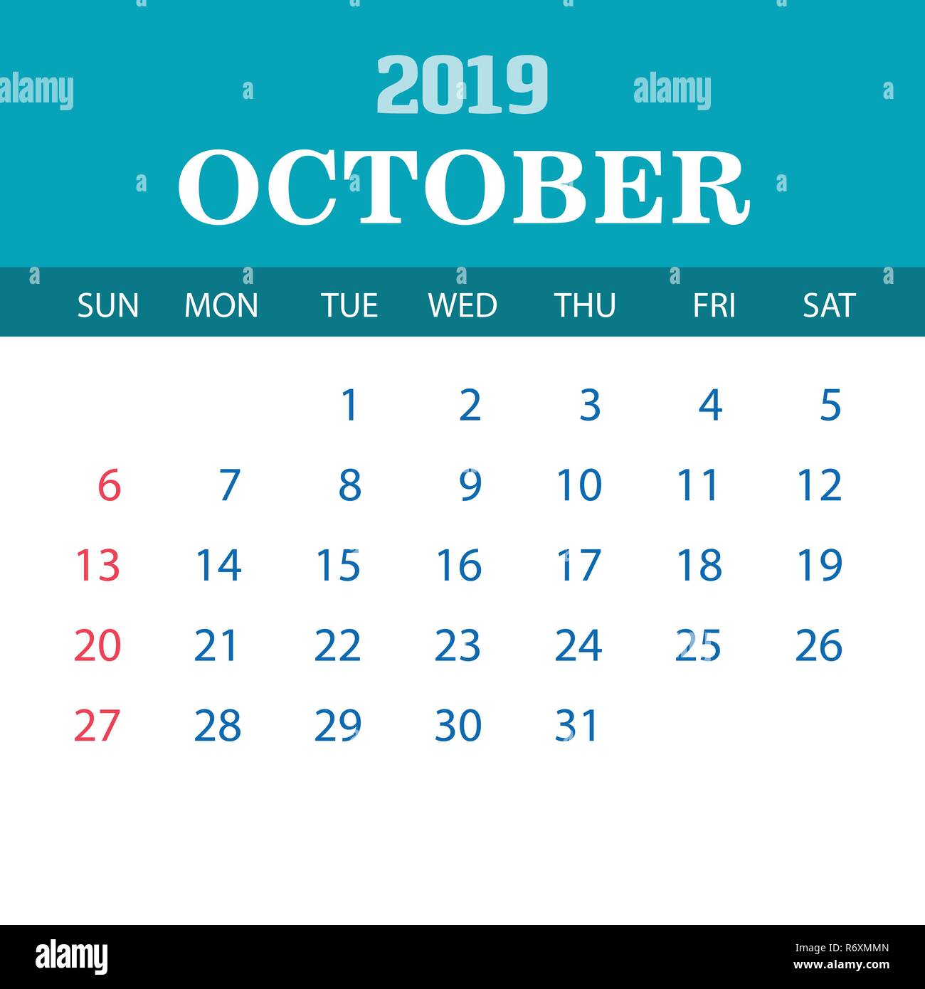 2019 Calendar Template - October Stock Vector Image & Art - Alamy
