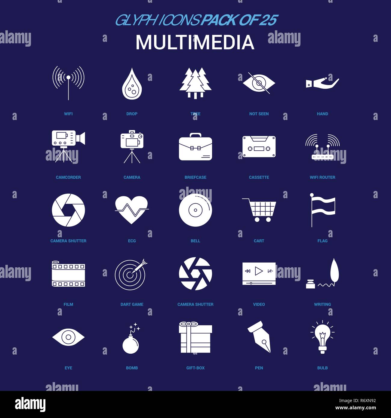 Multimedia White icon over Blue background. 25 Icon Pack Stock Vector ...