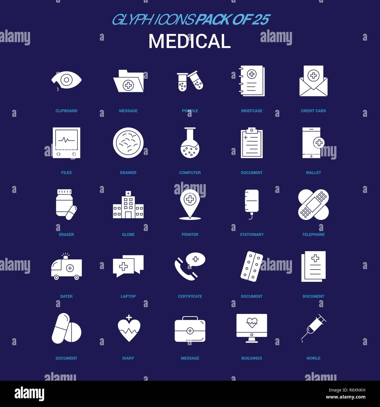 Medical White icon over Blue background. 25 Icon Pack Stock Vector ...