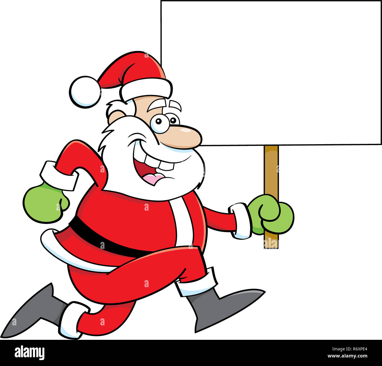 Cartoon illustration of a Santa Claus running while holding a sign ...
