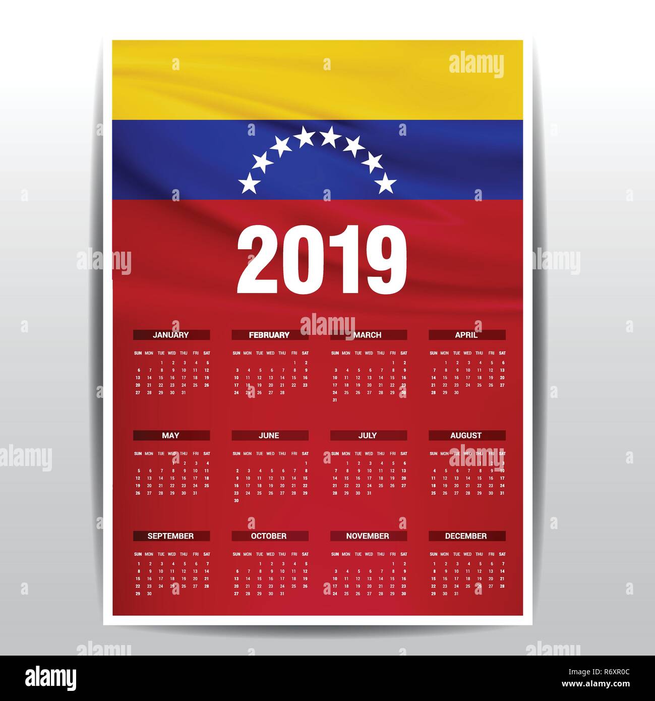 Calendar 2019 Venezuela Flag background. English language Stock Vector ...