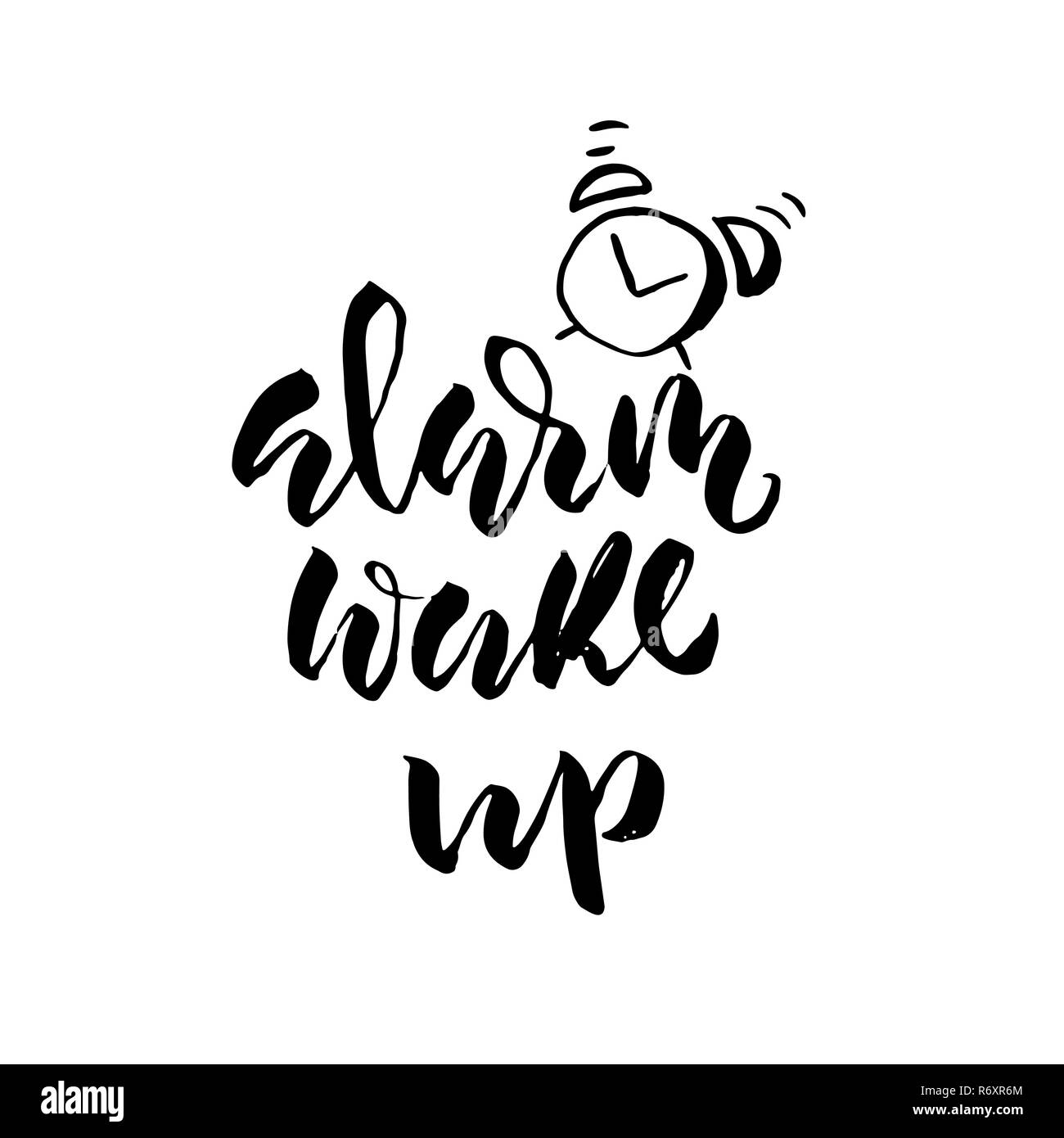 Grunge watercolor icon. Grunge alarm clock icon. Wake up lettering ...