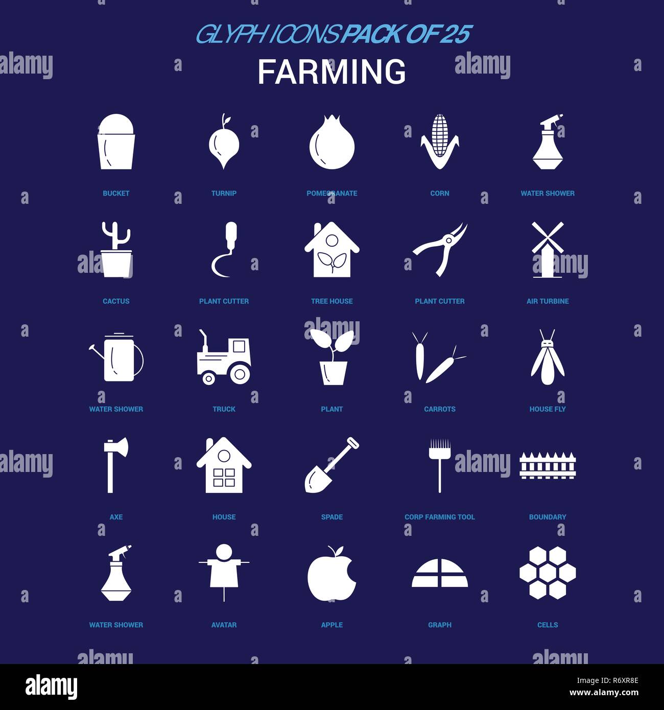 Farming White icon over Blue background. 25 Icon Pack Stock Vector ...