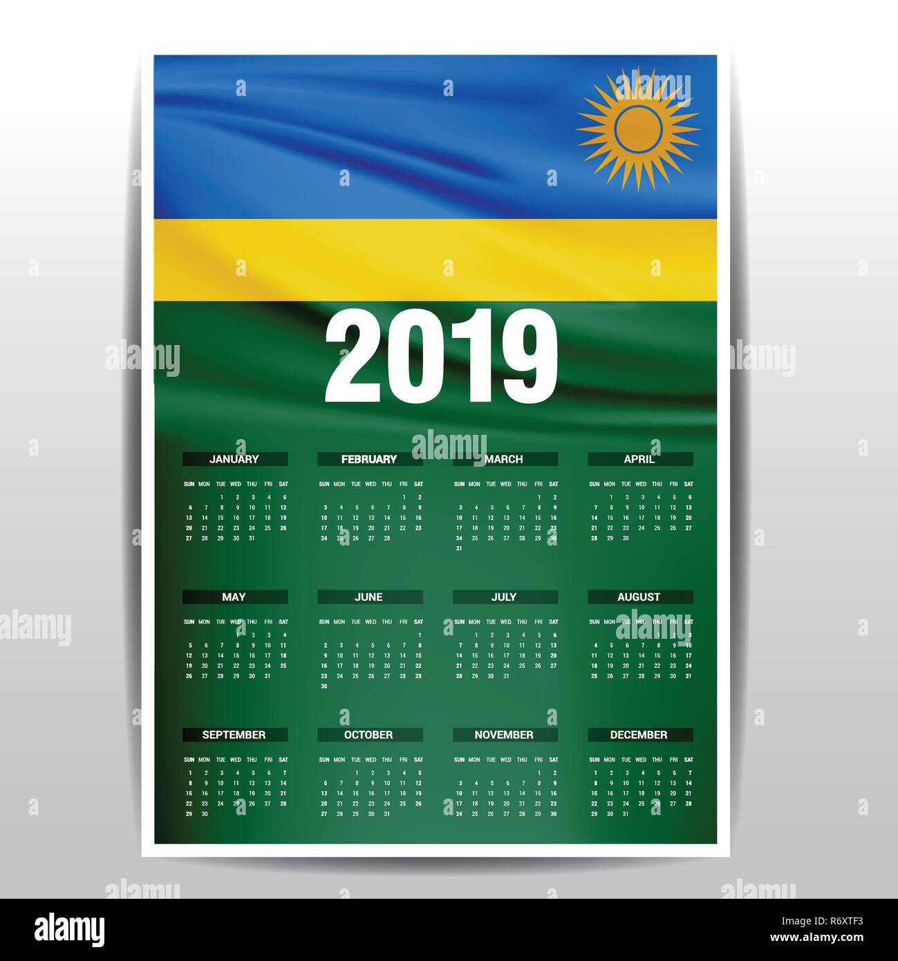 Calendar 2019 Rwanda Flag background. English language Stock Vector ...