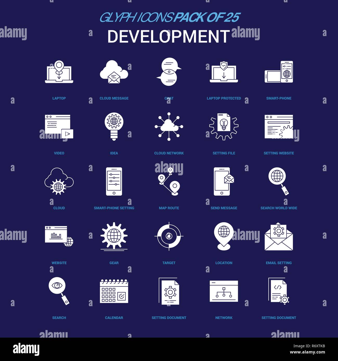 Development White icon over Blue background. 25 Icon Pack Stock Vector ...