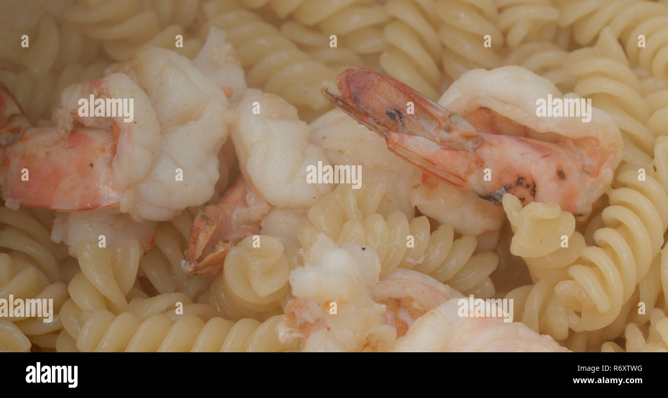 Pan fry butter Fusilli and shrimp Stock Photo - Alamy