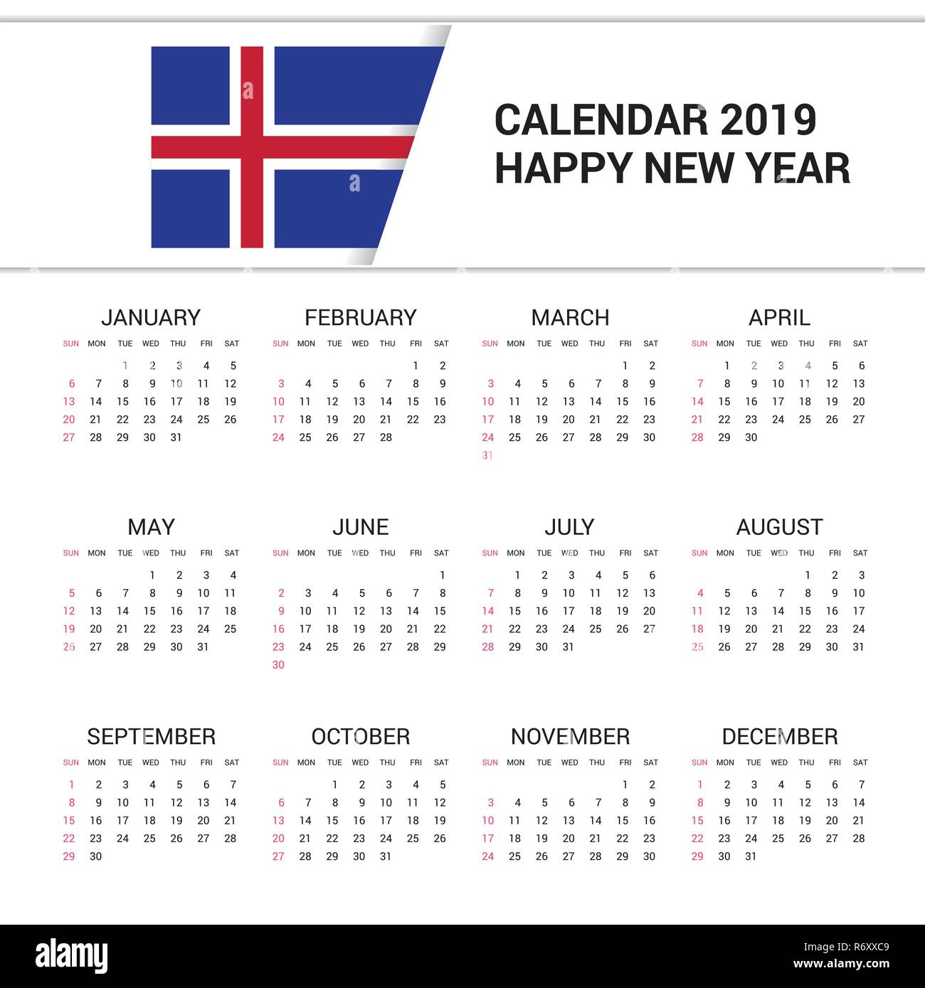 Calendar 2019 Iceland Flag background. English language Stock Vector ...