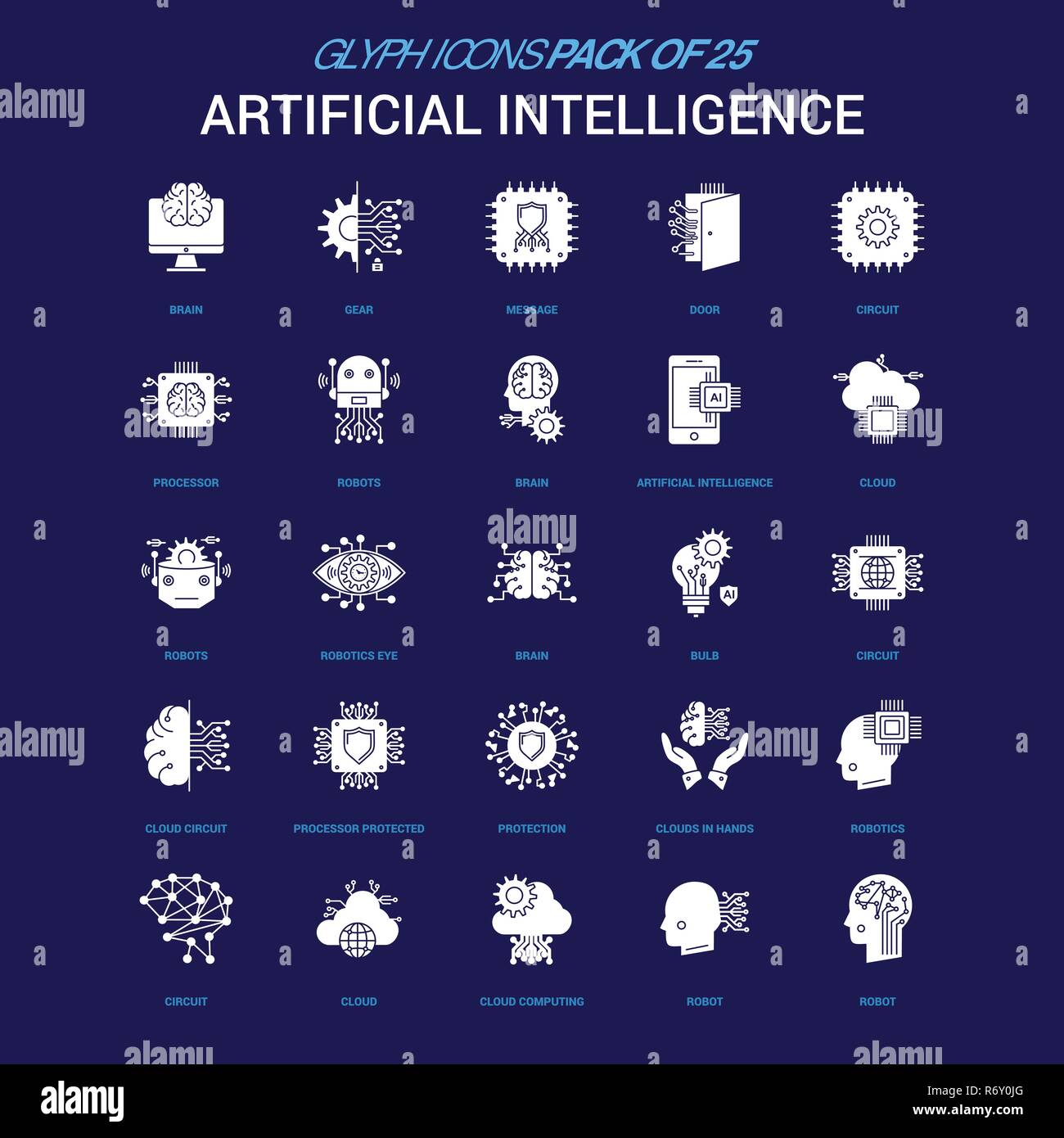 Artificial Intelligence White icon over Blue background. 25 Icon Pack ...