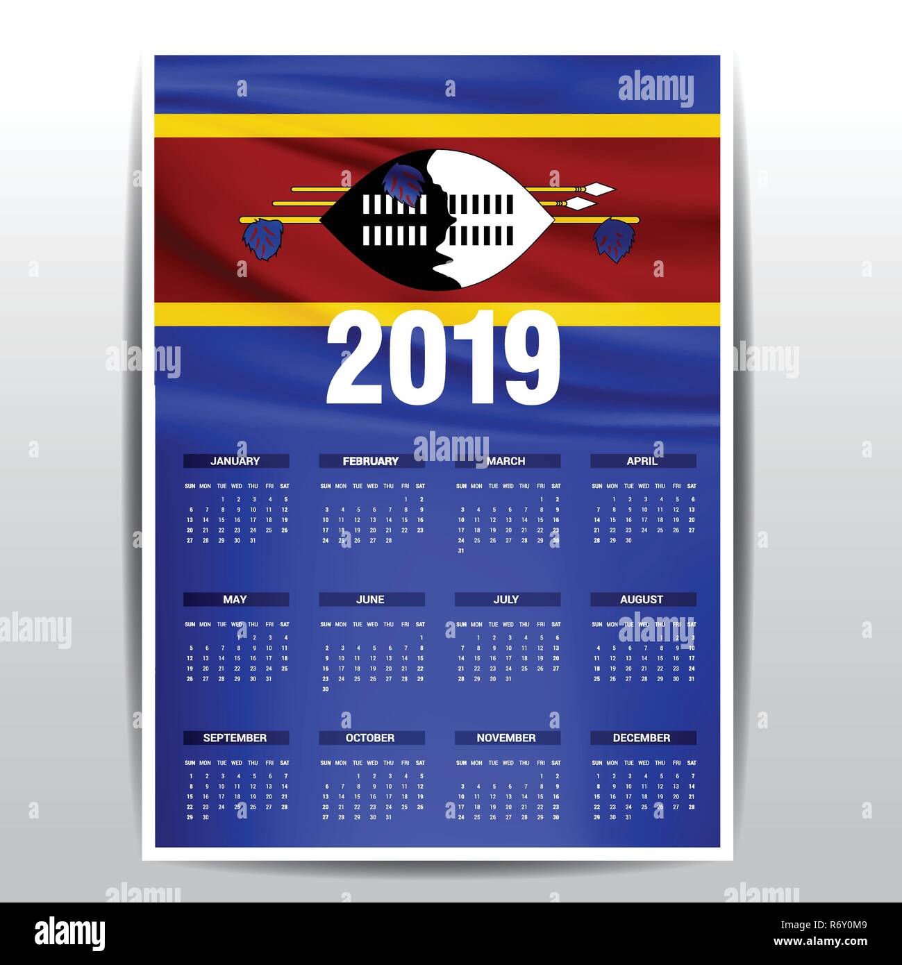 Calendar 2019 Swaziland Flag background. English language Stock Vector ...