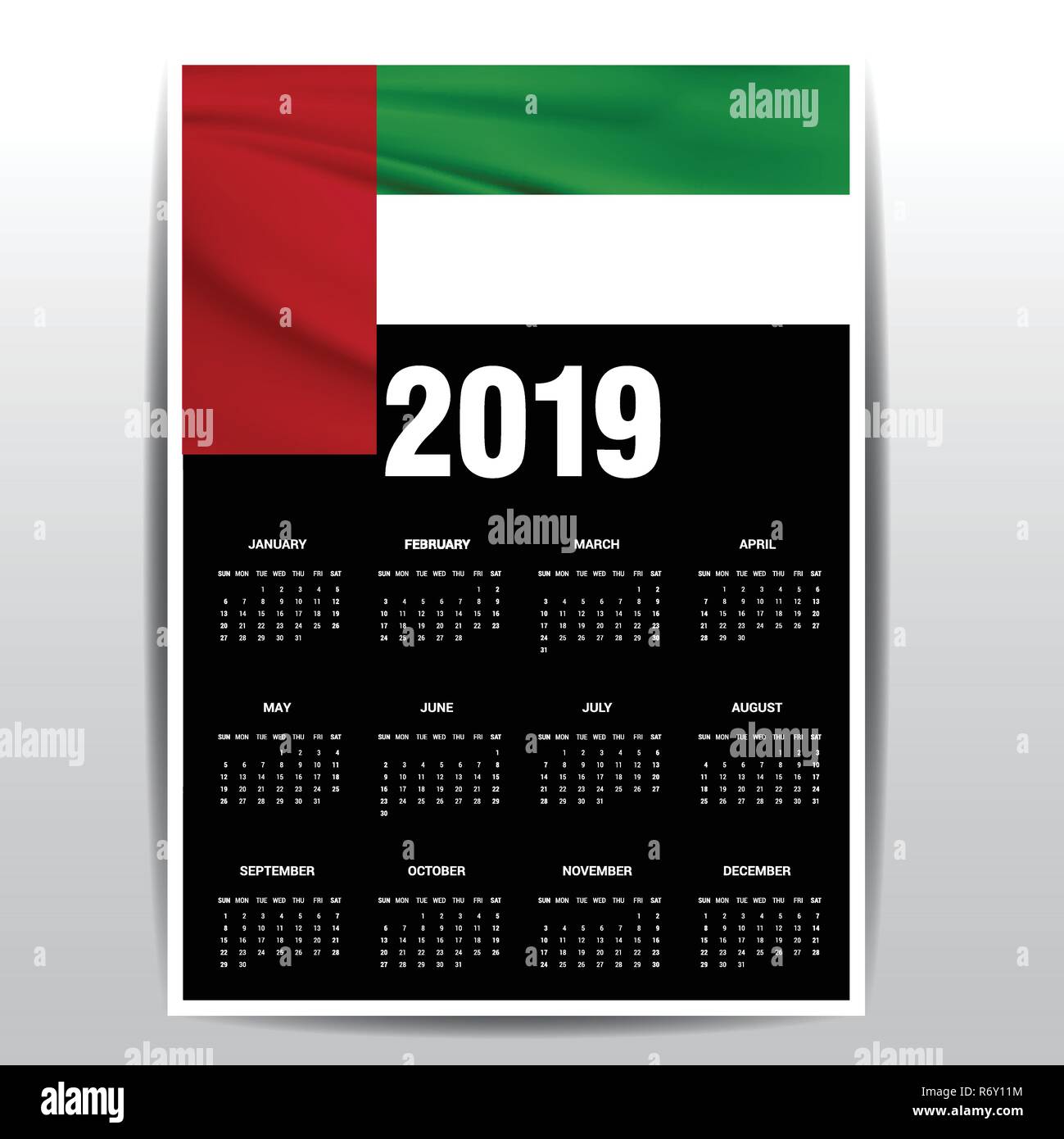 Calendar 2019 UAE Flag background. English language Stock Vector Image ...