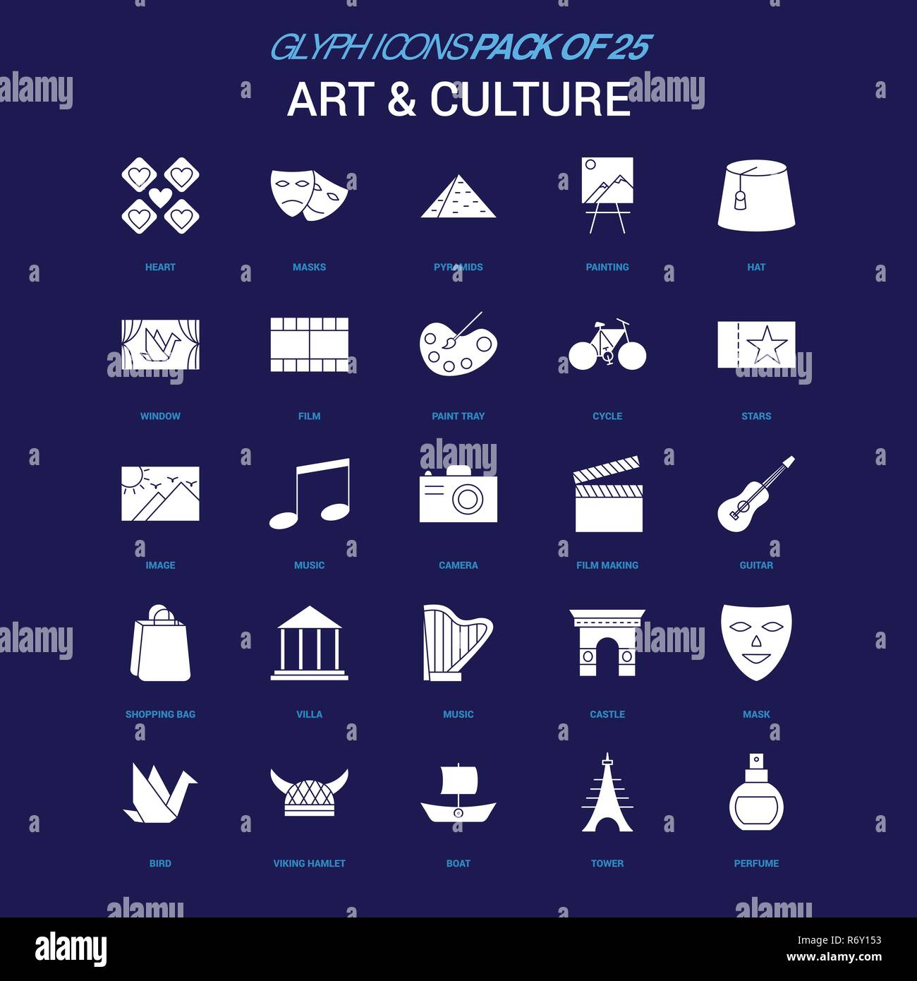 Art and Culture White icon over Blue background. 25 Icon Pack Stock ...
