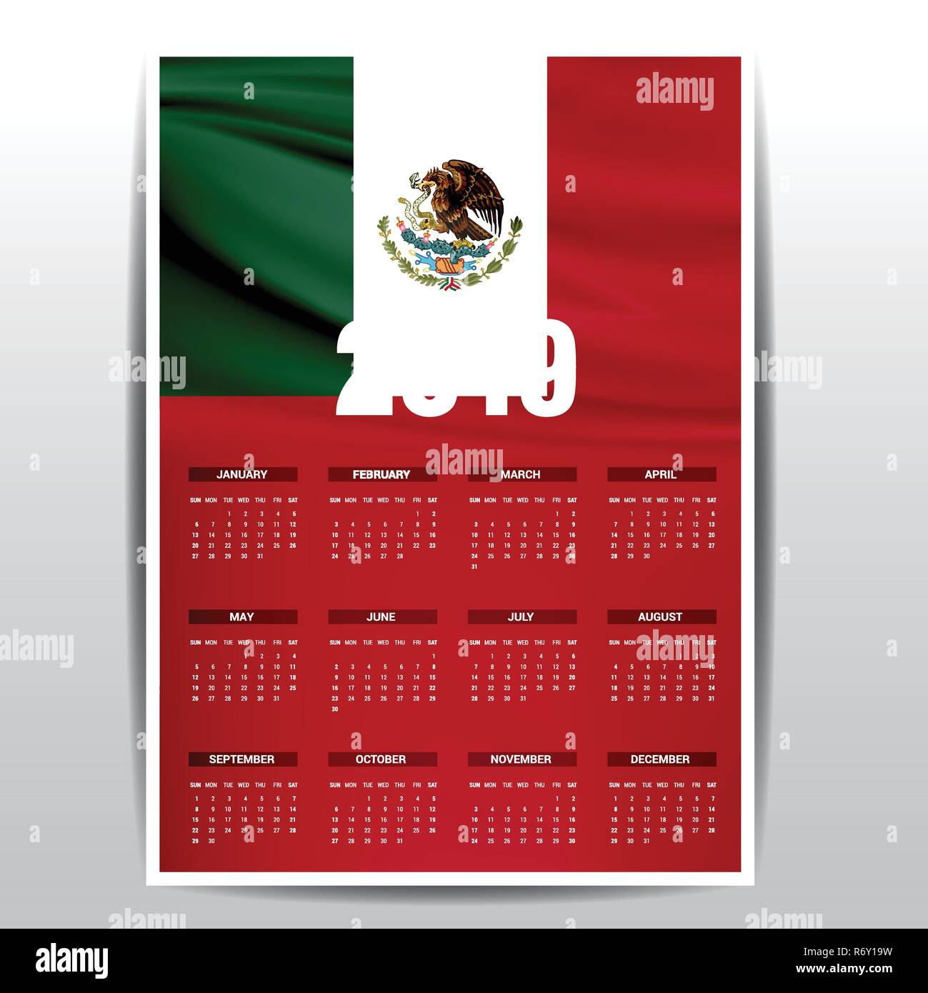 Calendar 2019 Mexico Flag background. English language Stock Vector ...