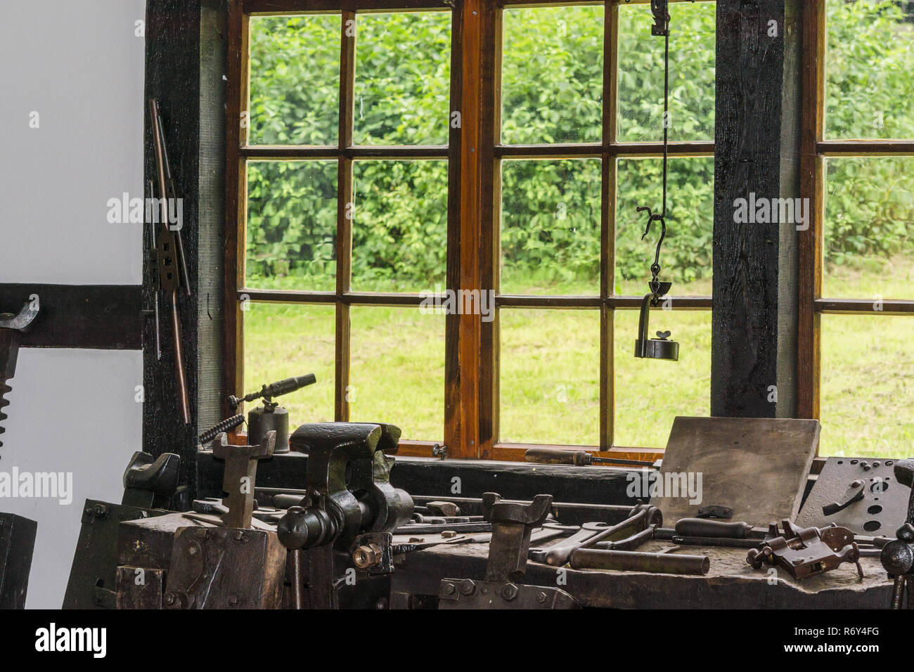 old workshop equipment with vices Stock Photo - Alamy